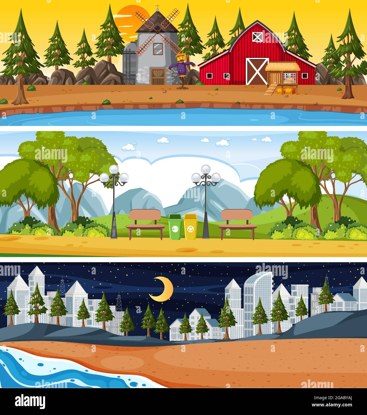 Set of different nature horizontal scenes illustration Stock Vector ...