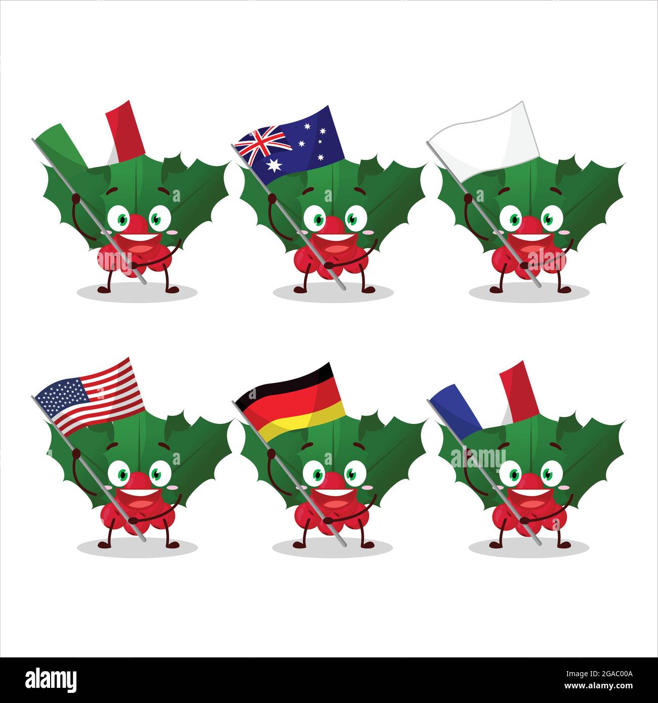 Holly Berry Cartoon Character Bring The Flags Of Various Countries