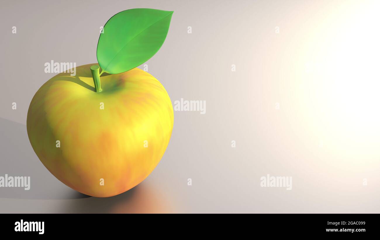 Yellow apple with leaf. 3D rendering with hand painted texture. With ...