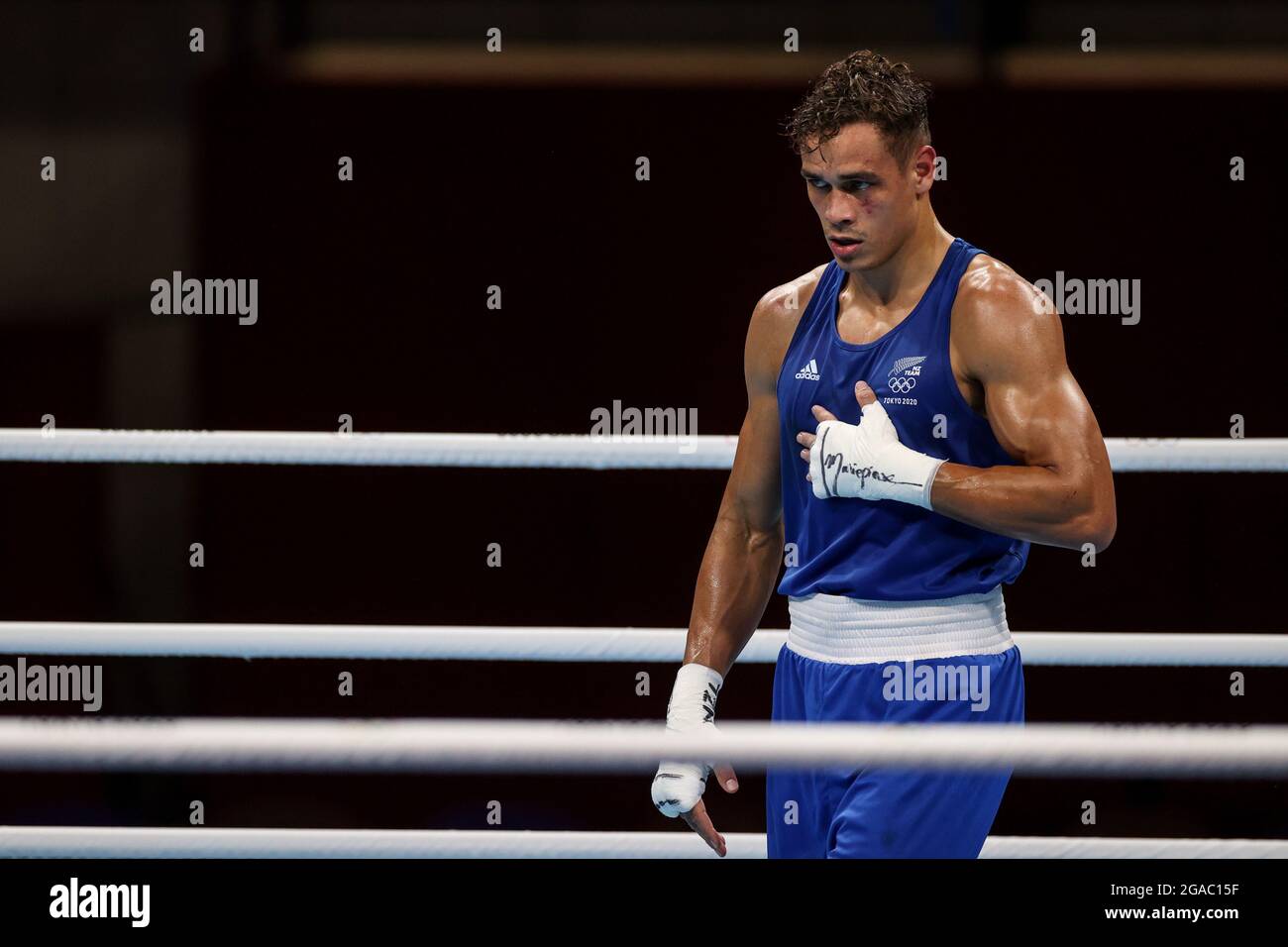 Tokyo, Japan. 30th July, 2021. David Nyika of New Zealand reacts after ...