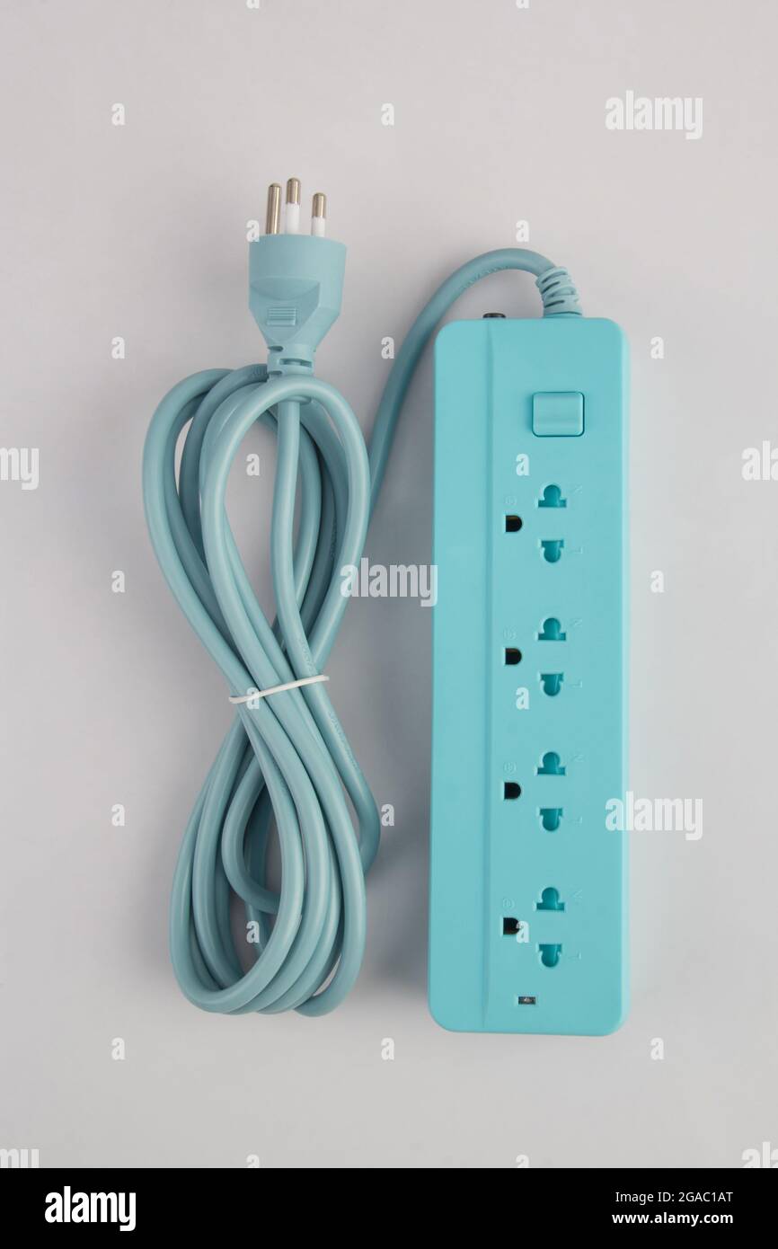 Empty light blue electric plug, four sockets with long cable isolated ...