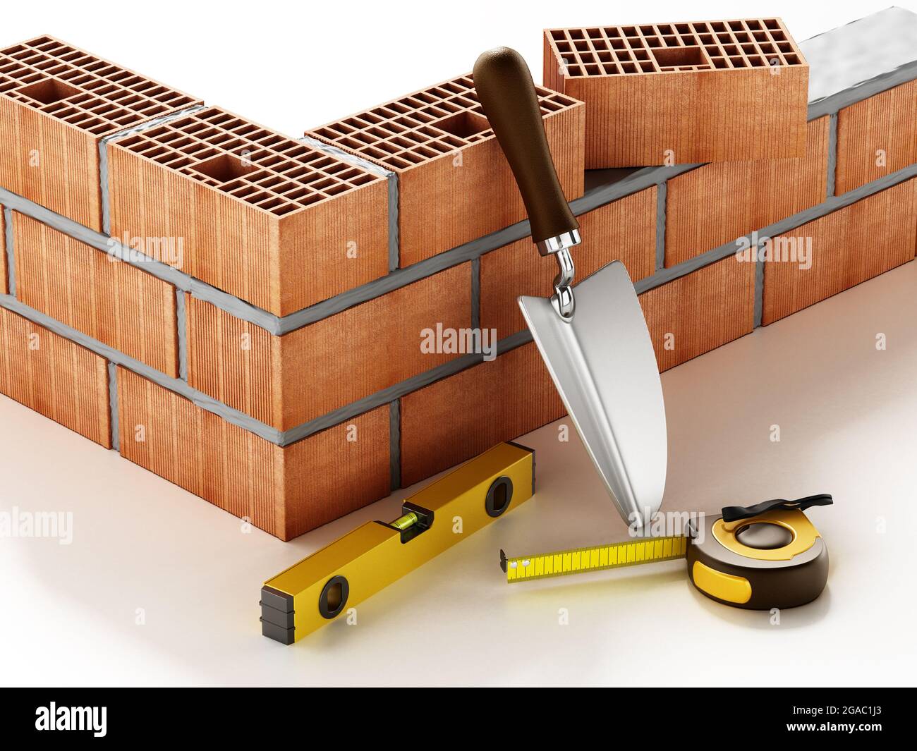 Laid bricks and construction tools isolated on white background. 3D ...