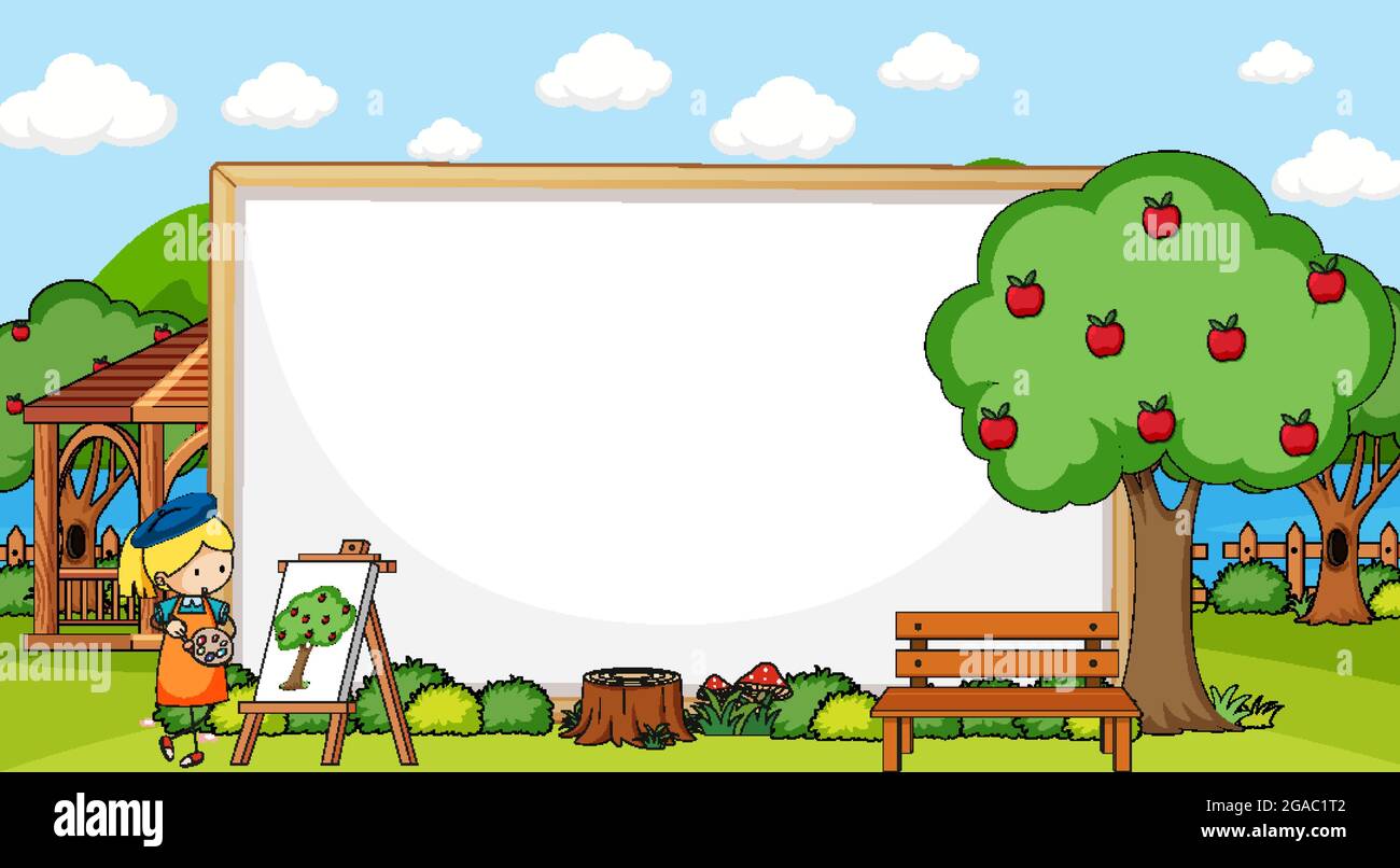 Park scene with blank banner and artist girl doodle cartoon character ...