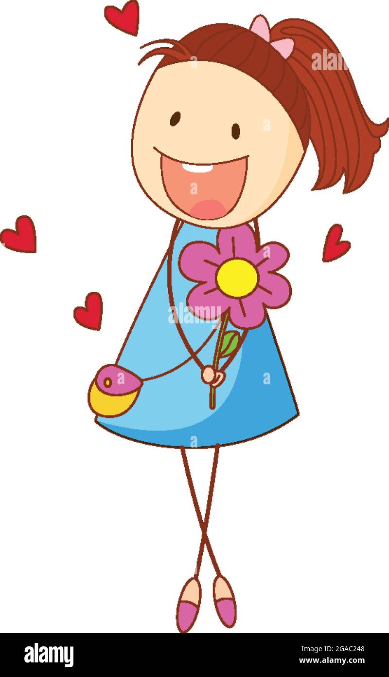 A doodle kid holding flower cartoon character isolated illustration ...