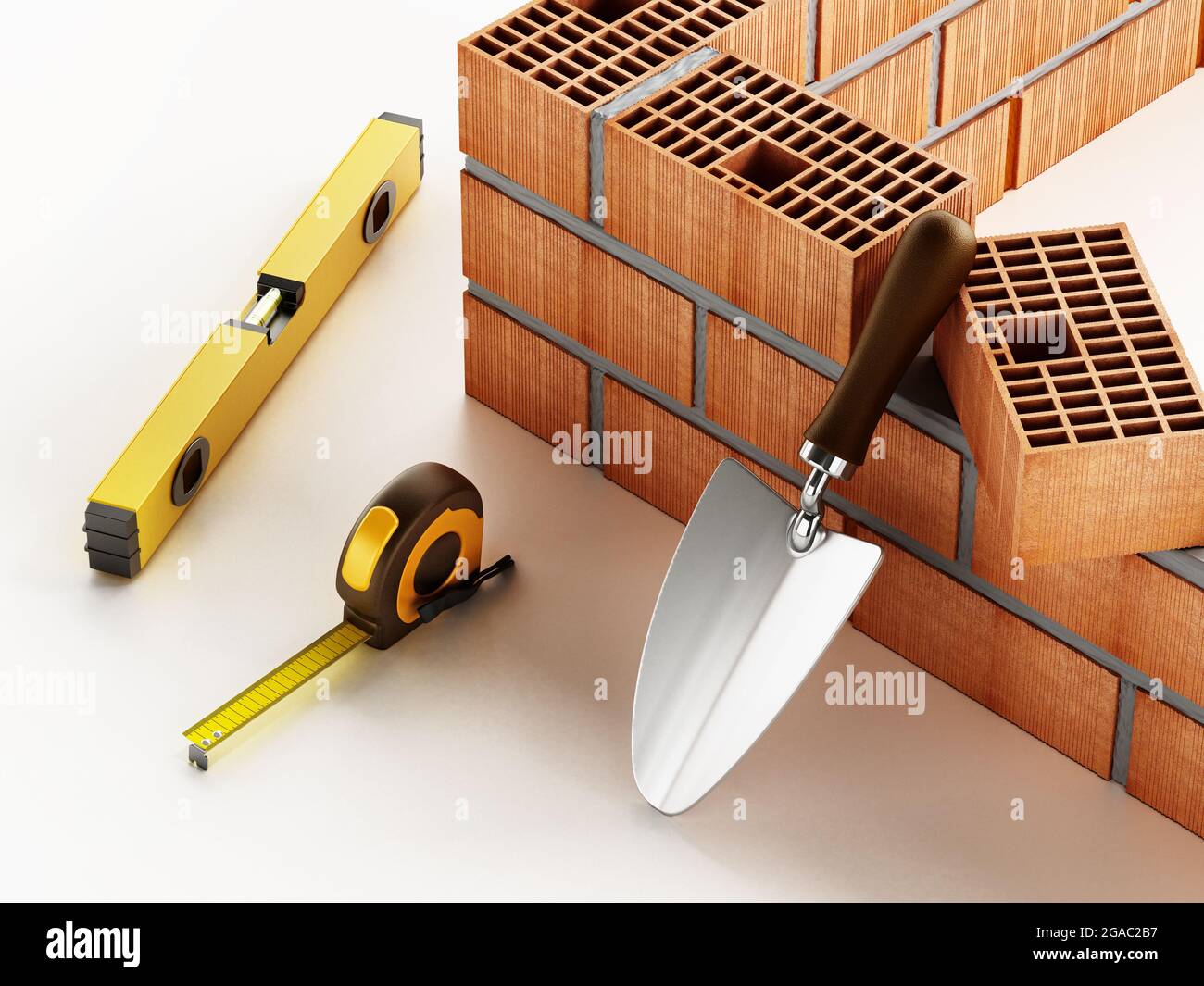 Laid bricks and construction tools isolated on white background. 3D ...