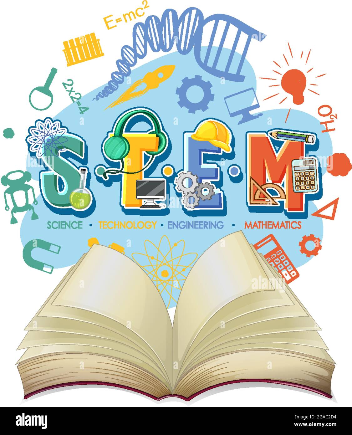 STEM education logo with opened book and icon ornament elements ...