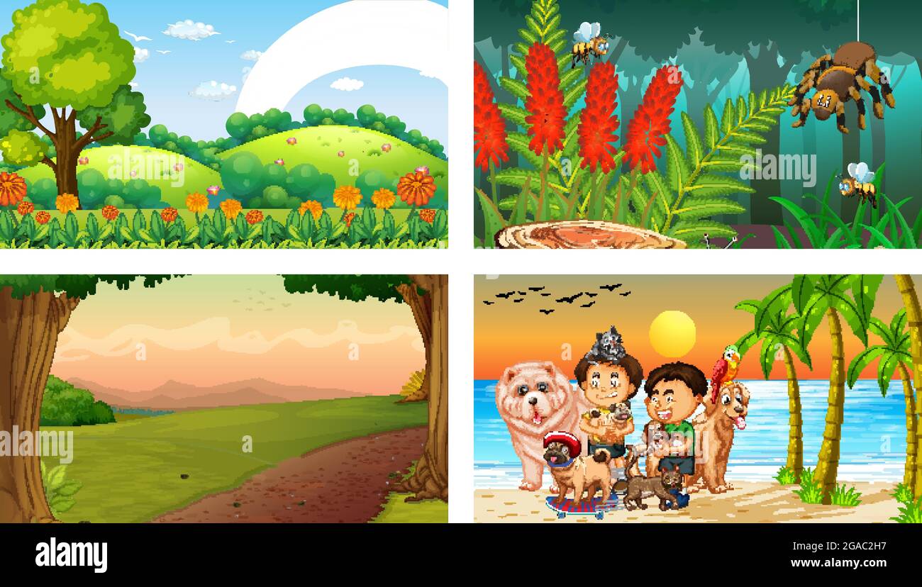 Four different scenes with children cartoon character illustration ...