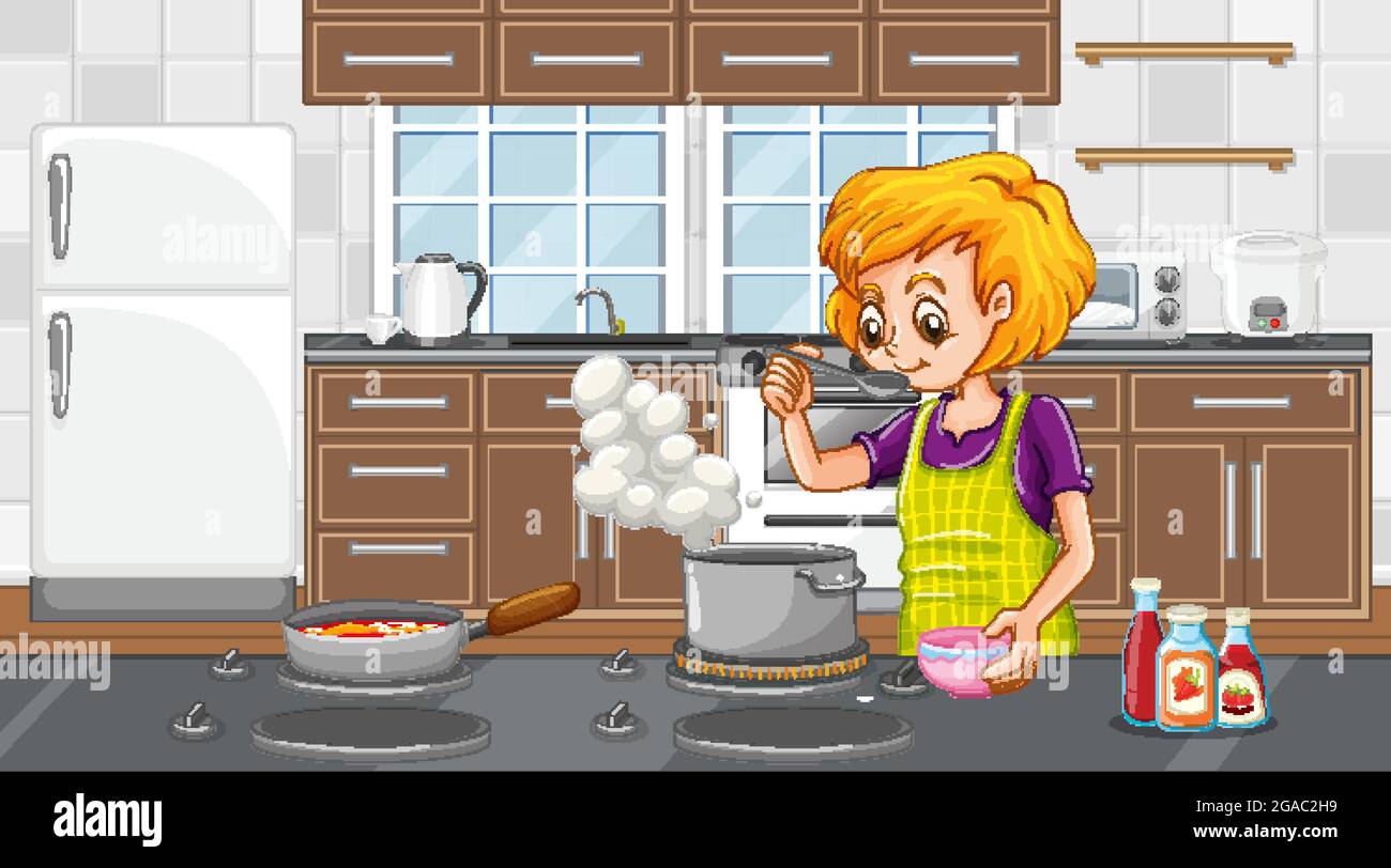 A happy woman cooking in the kitchen scene illustration Stock Vector ...