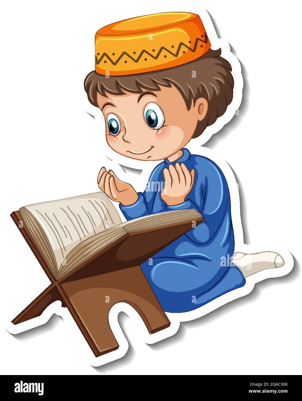 A sticker template with Muslim boy reading quran book illustration ...