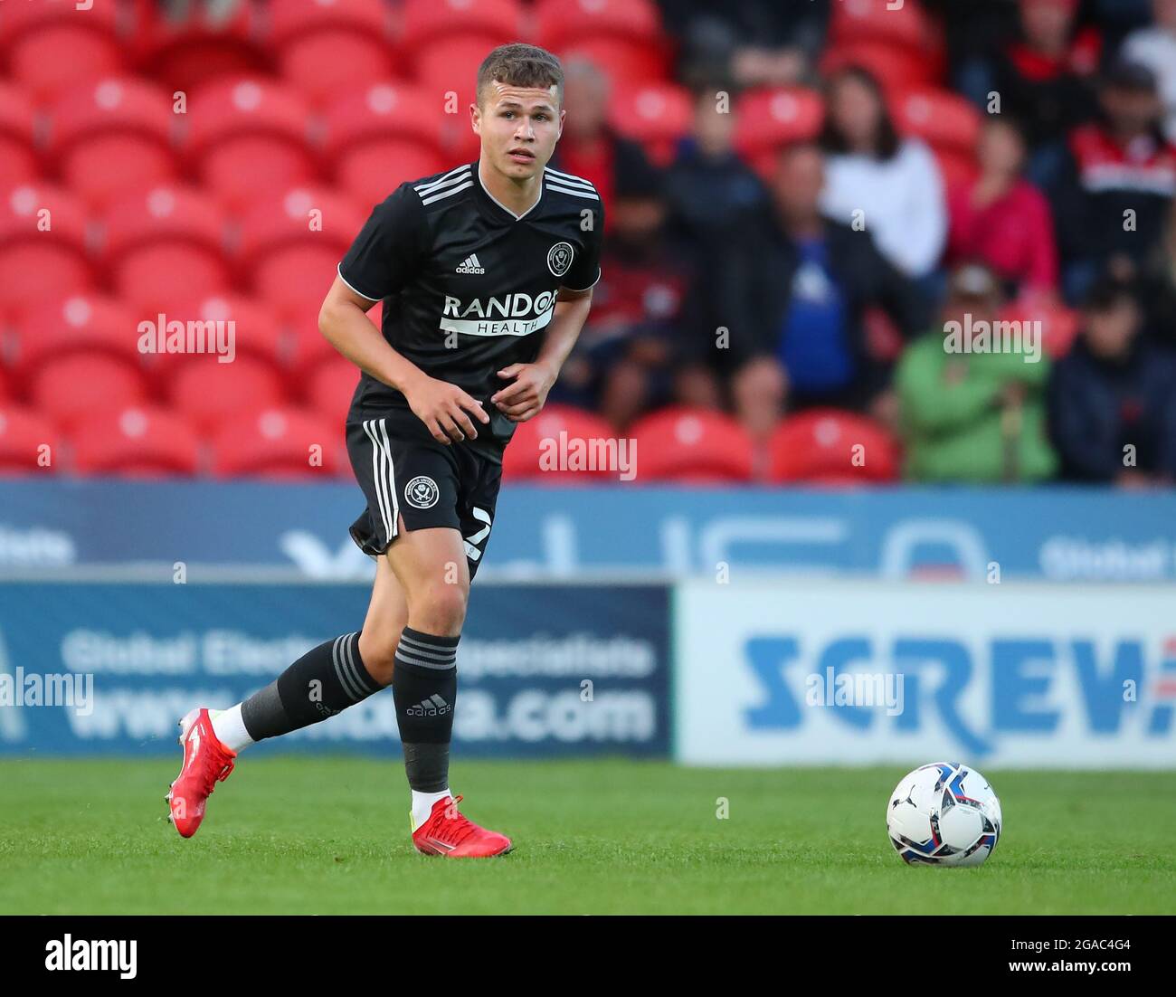 Doncaster, England, 28th July 2021. Zak Brunt of Sheffield Utd during ...