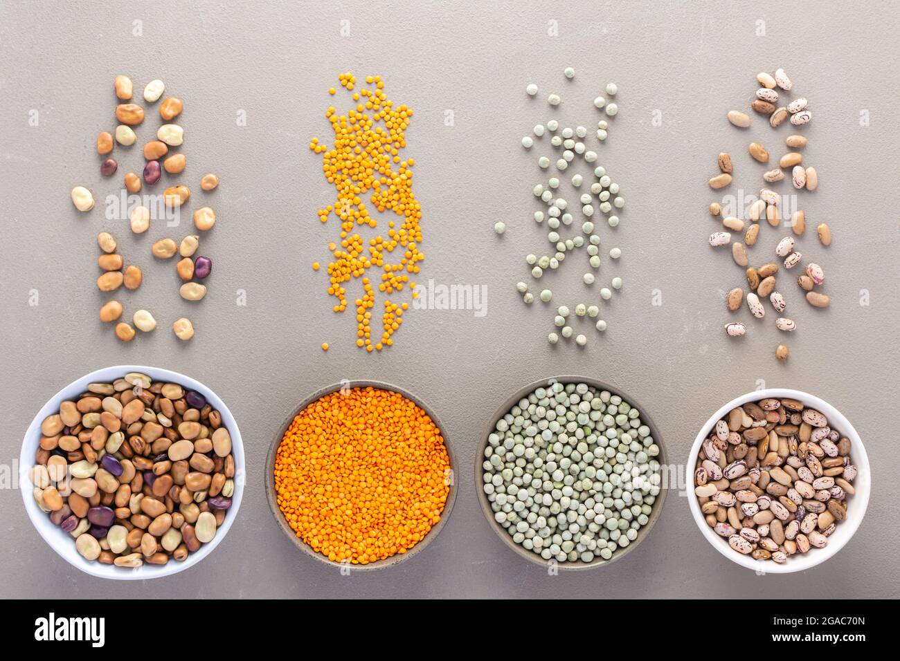 Different types of legumes in bowls and scattered in the background ...