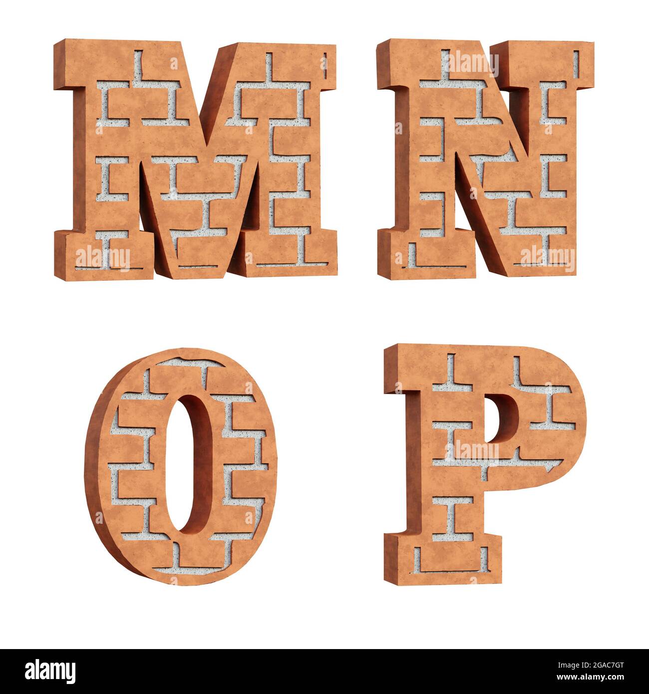 3D rendering of red brick alphabet - letters M-P Stock Photo - Alamy