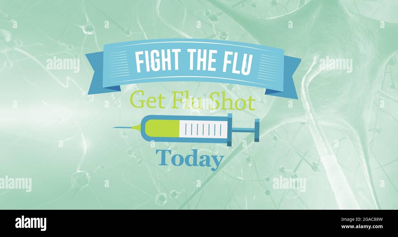 Composition of fight the flu text and syringe icon over cells on green ...
