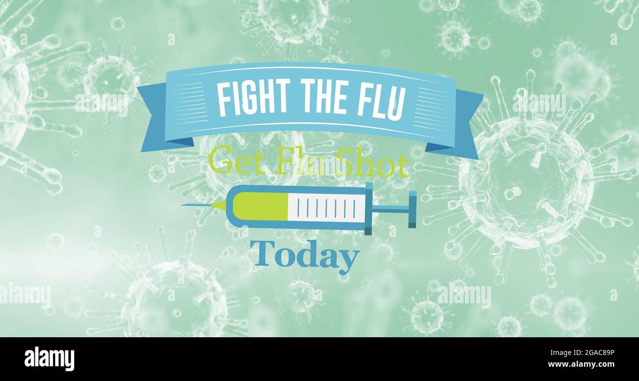 Composition of fight the flu text and syringe icon over virus cells on ...