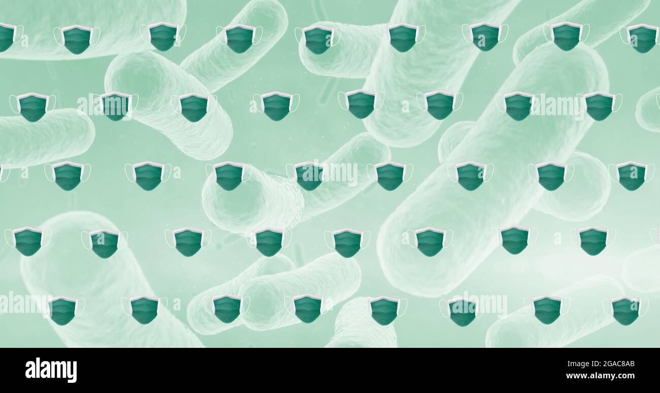 Composition of face masks over cells on green background Stock Photo ...