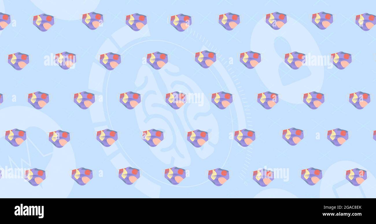 Composition of face masks over digital icons on blue background Stock ...