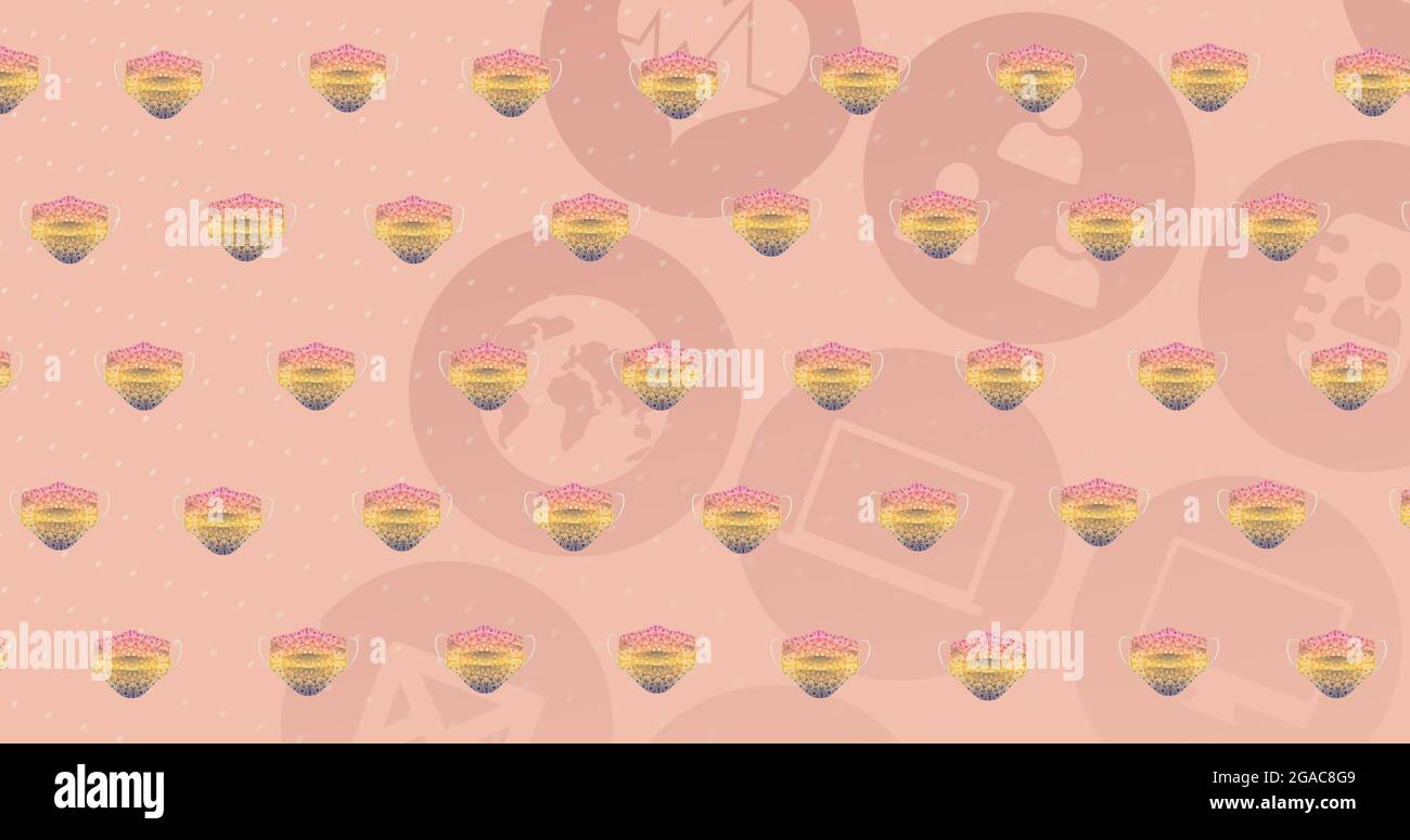 Composition of face masks over digital icons on orange background Stock ...