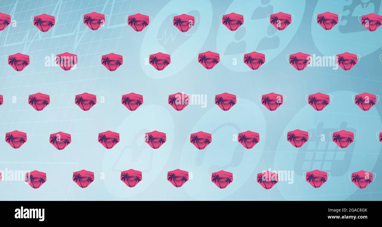 Composition of face masks over digital icons on blue background Stock ...