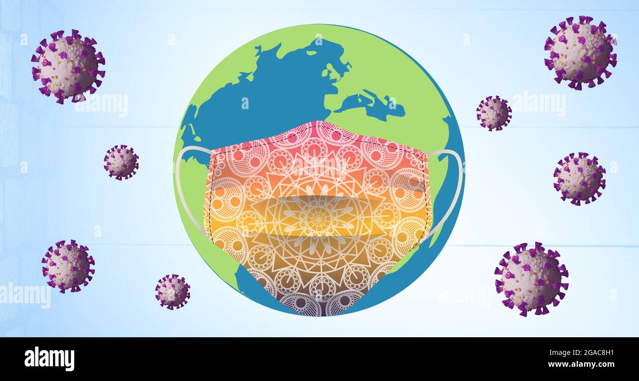 Composition of face mask over globe and covid 19 virus cells on blue ...