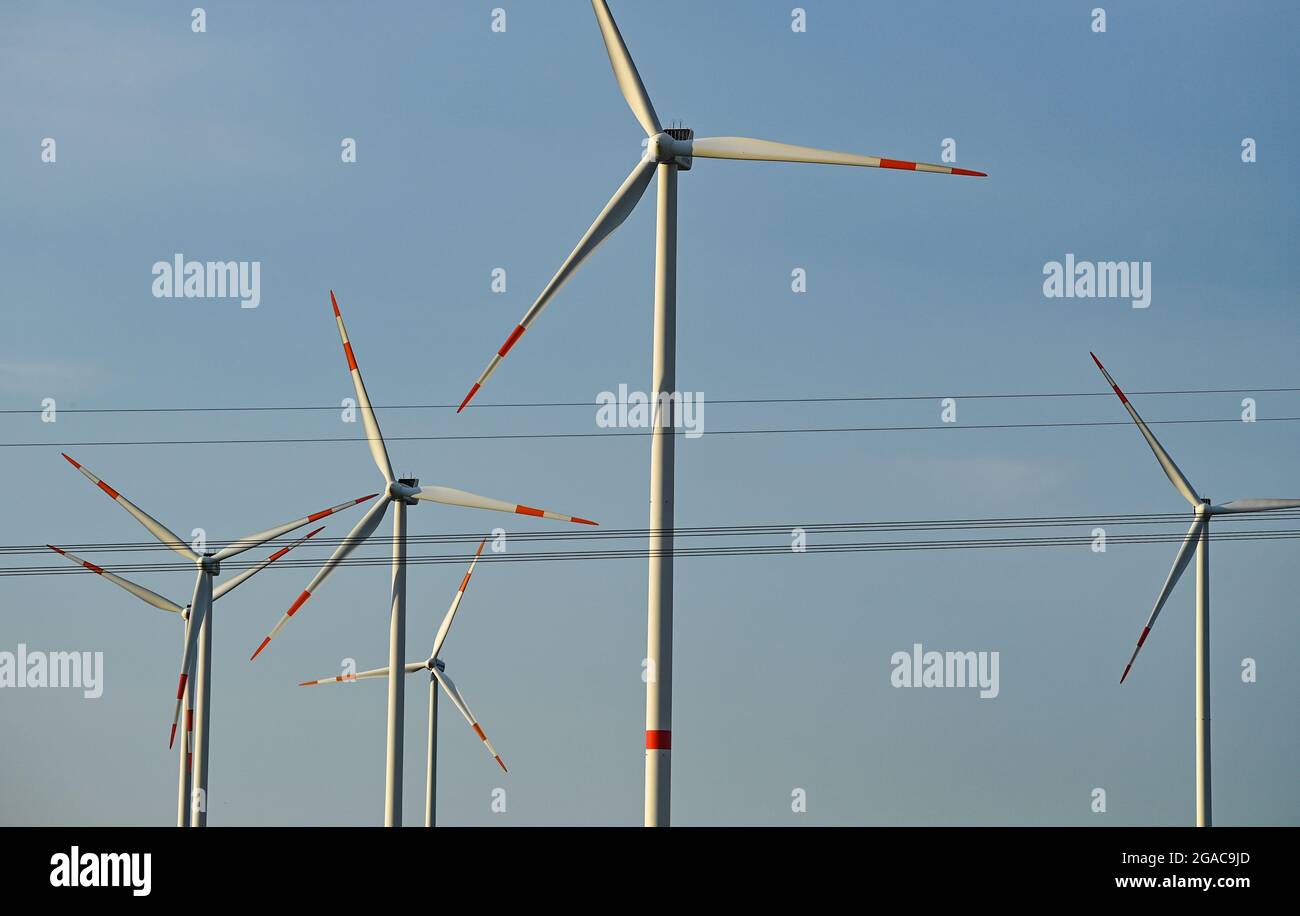 Jacobsdorf, Germany. 28th July, 2021. Wind turbines at the "Odervorland ...