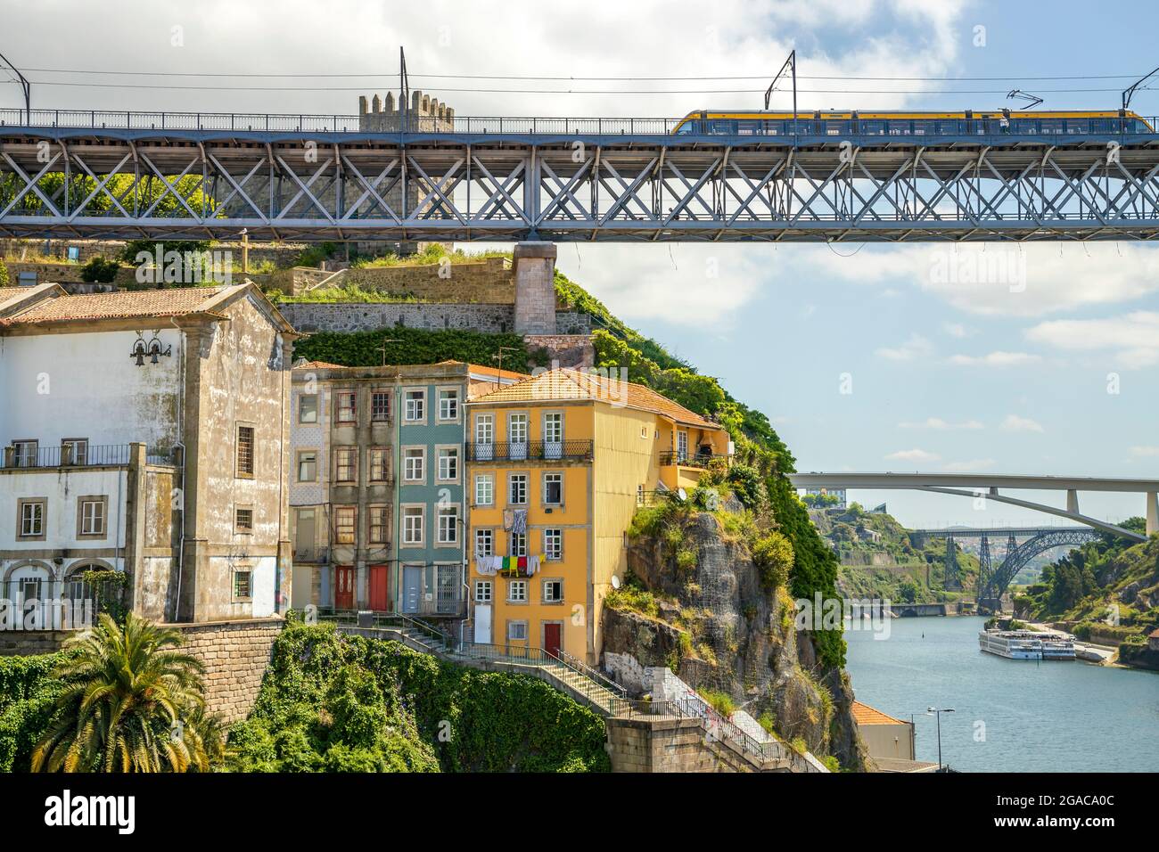 The historic architecture of embankment of Porto with 3 bridges over ...