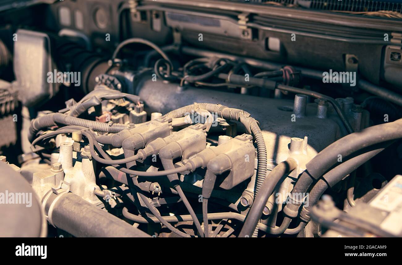 Photo of gasoline engine car. Engine parts. Close-up image, internal ...