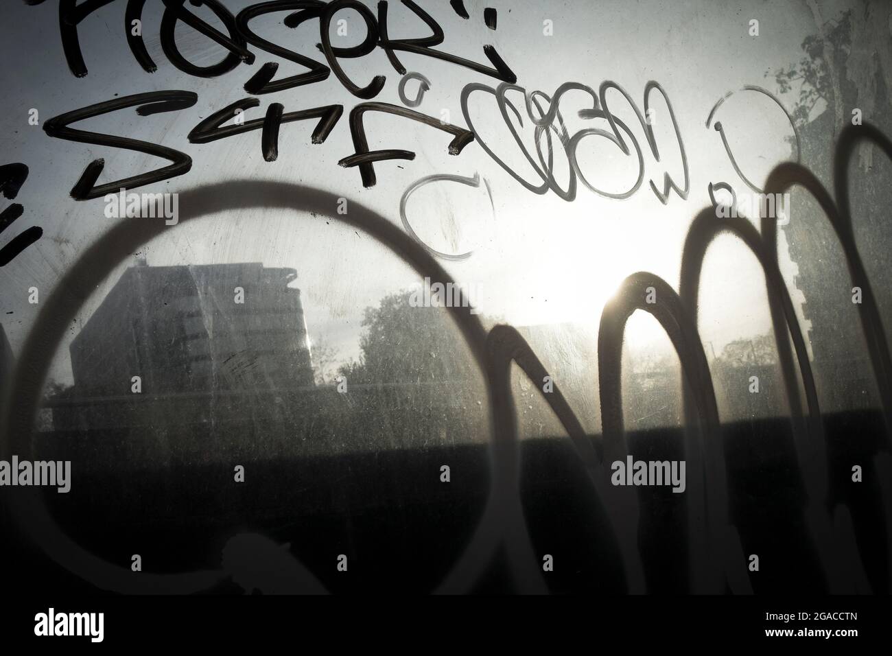 Buildings behind the glass. Graffiti letters written over Stock Photo ...