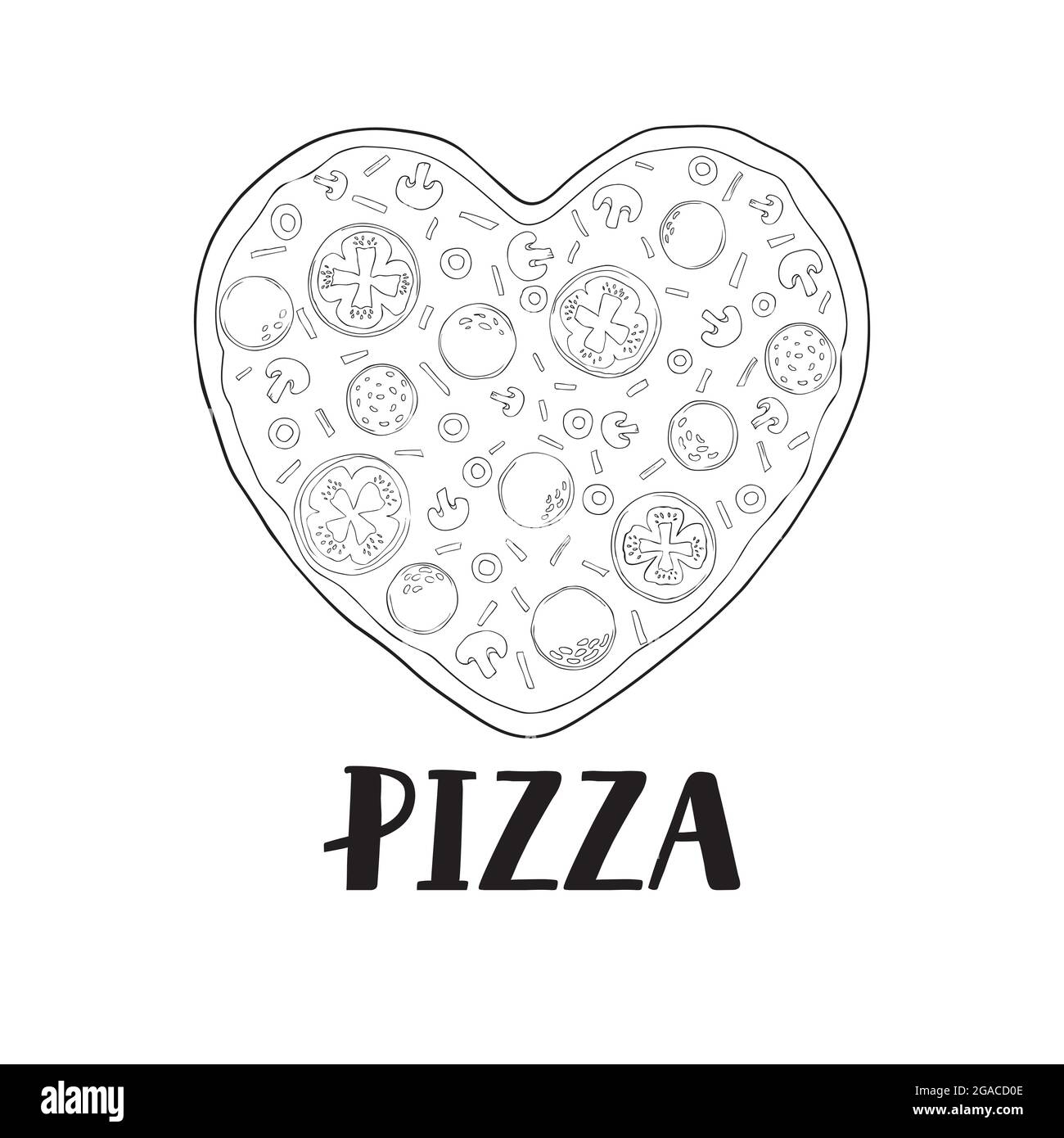 Pizza in the shape of a heart for Valentine's Day. Hand-drawn ...