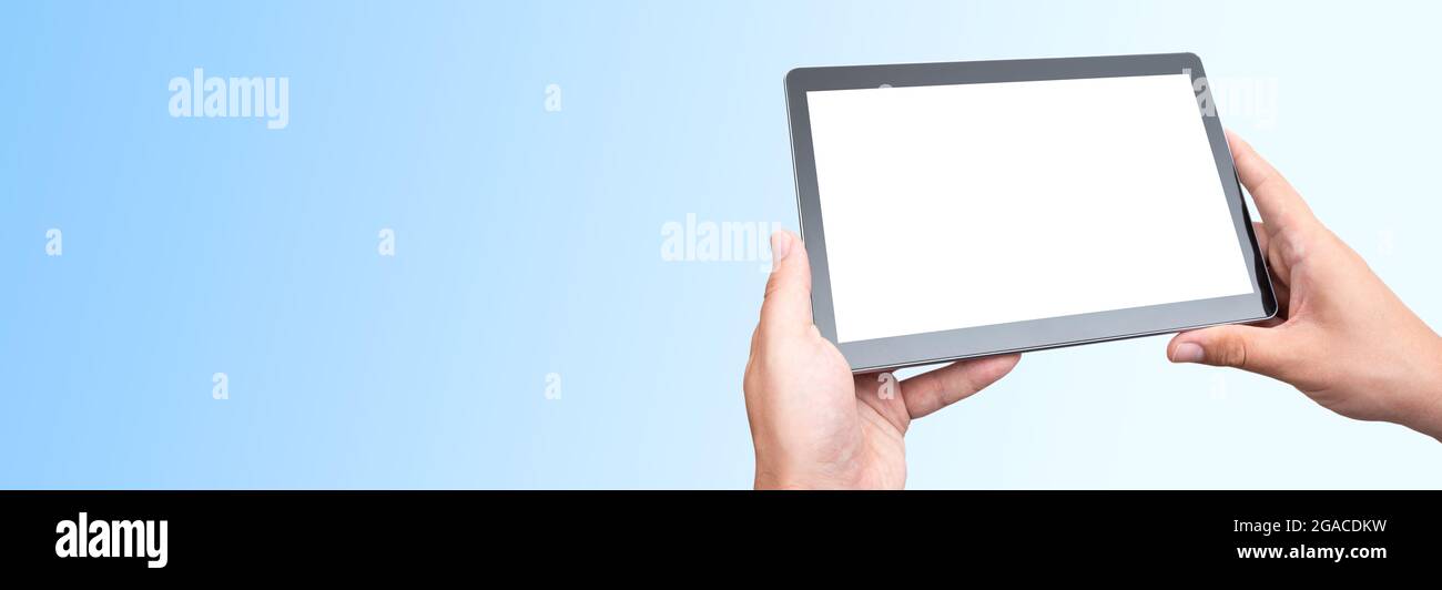 Hand holding digital tablet, placeholder for app, blank screen mockup ...