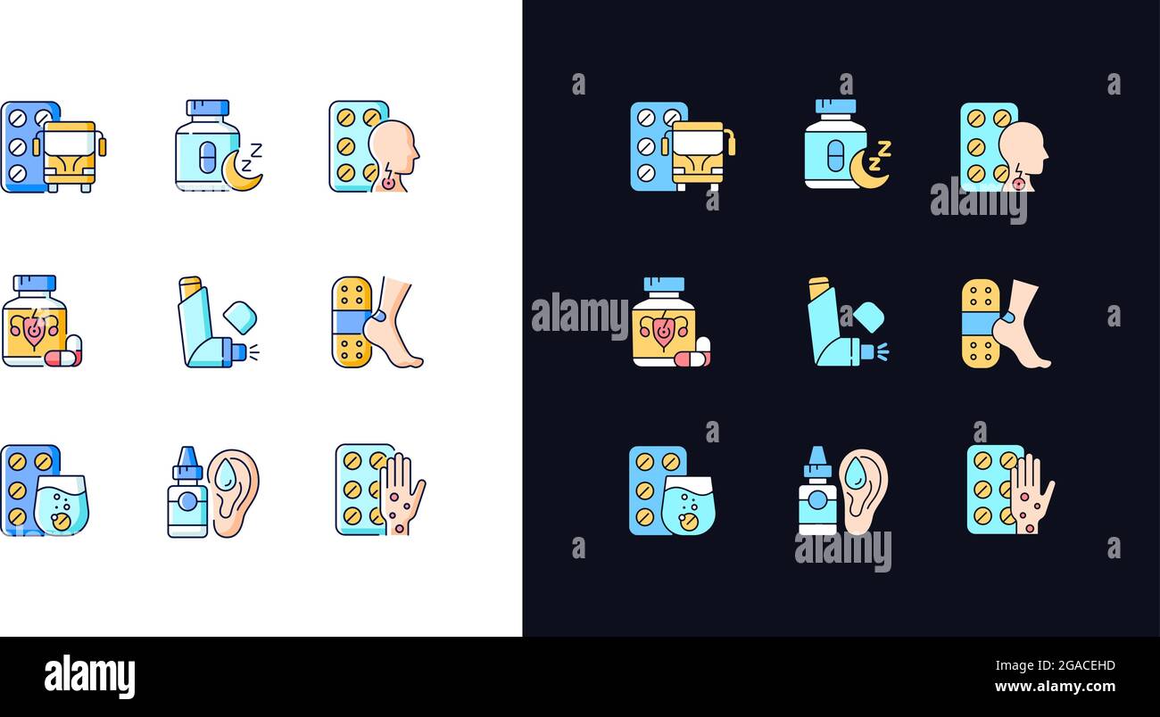 Pharmaceutical drugs light and dark theme RGB color icons set Stock ...