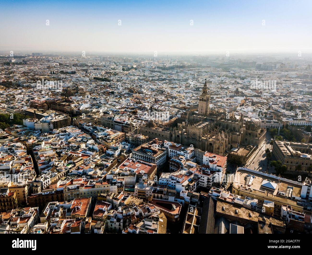 Aerial view of Seville with enormous Cathedral of Seville, Andalusia ...