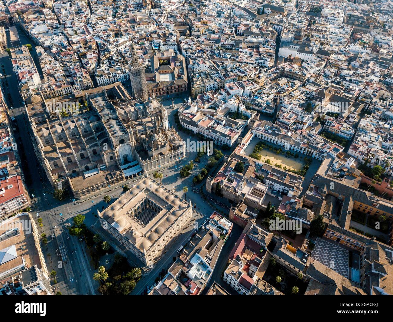 Aerial view of Seville with enormous Cathedral of Seville, Andalusia ...