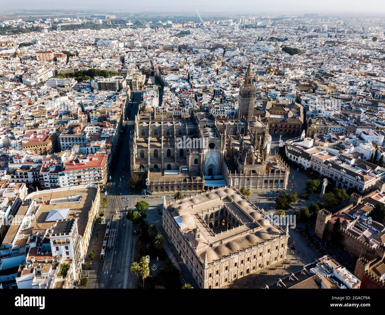 Aerial view of Seville with enormous Cathedral of Seville, Andalusia ...