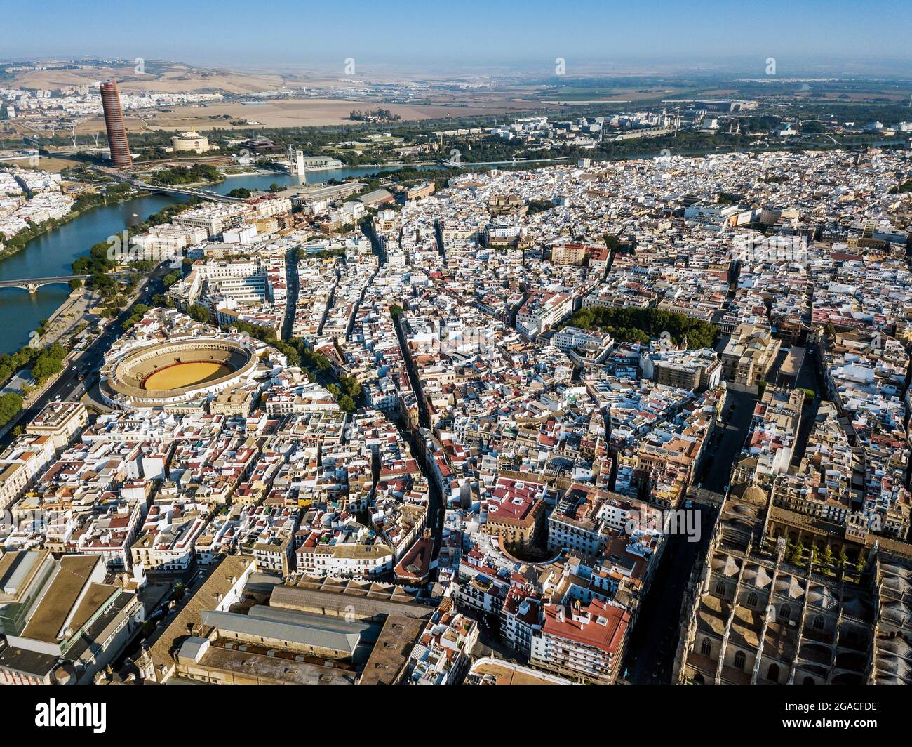 Aerial view of Seville with landmarks as tower, the bullring and the ...