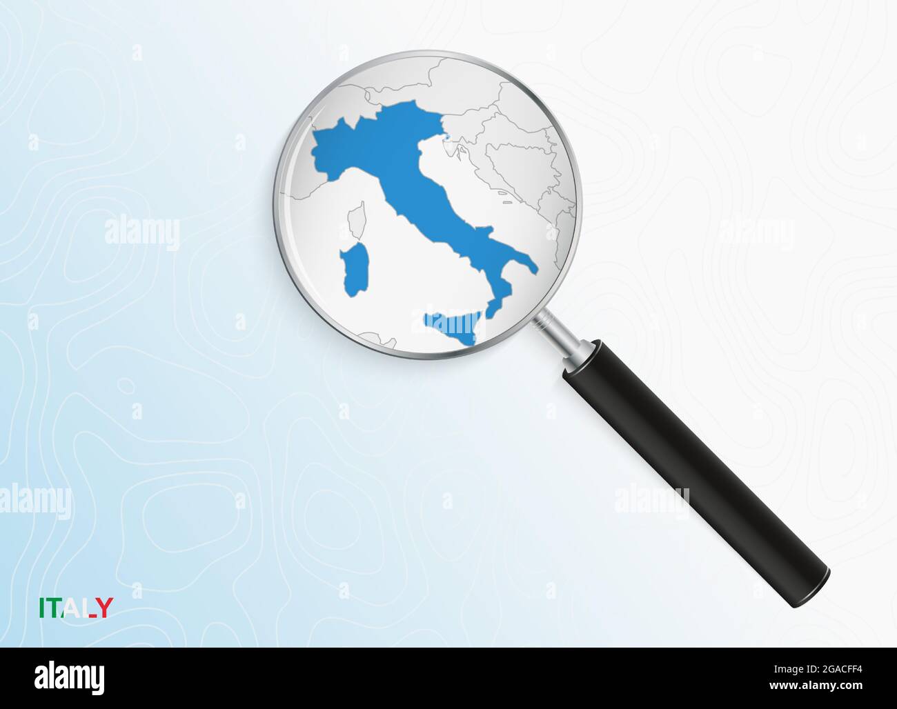 Magnifier with map of Italy on abstract topographic background. Vector ...