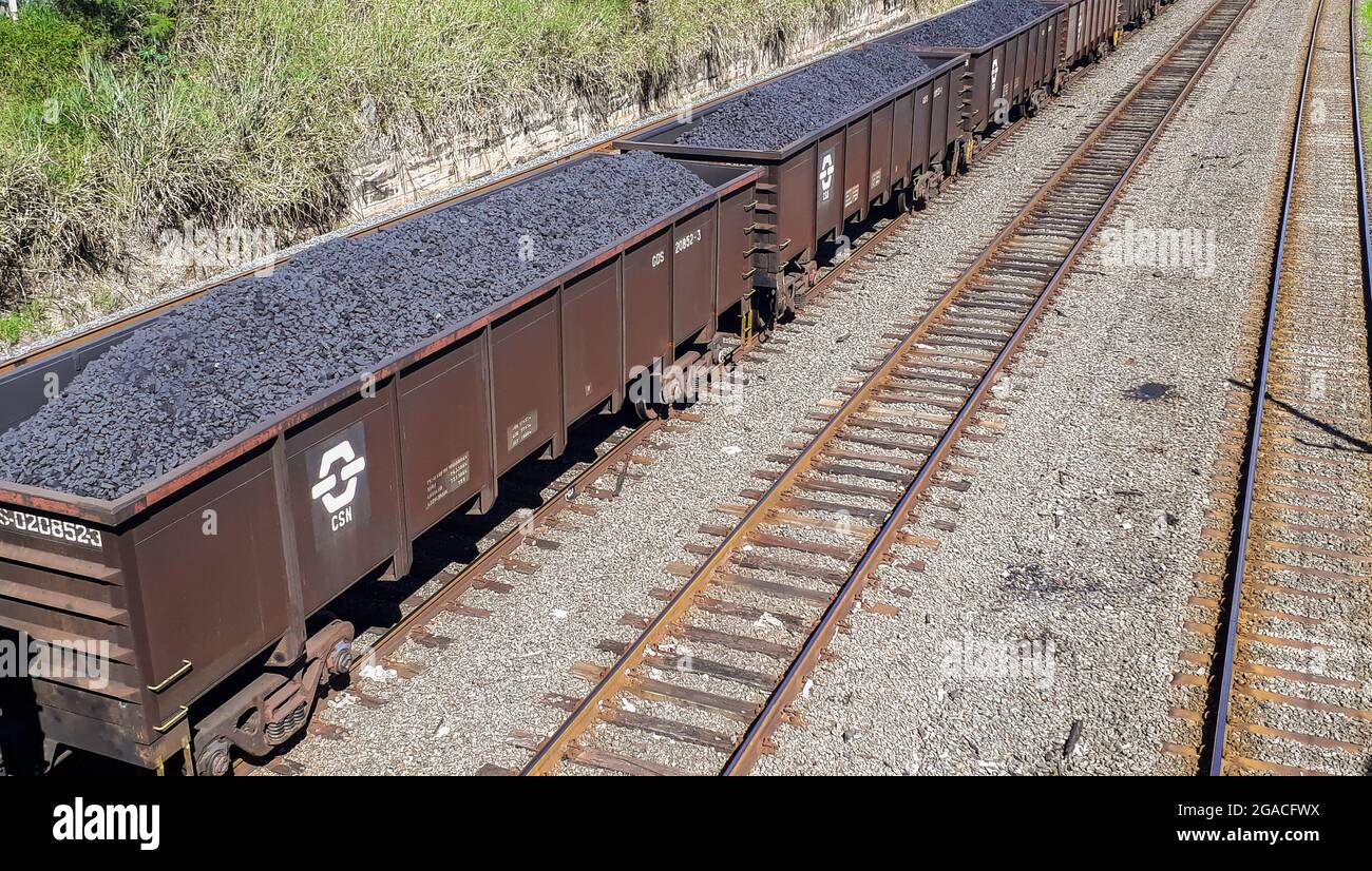 VOLTA REDONDA, BRAZIL - Jun 03, 2021: The cargo ore train of the CSN ...