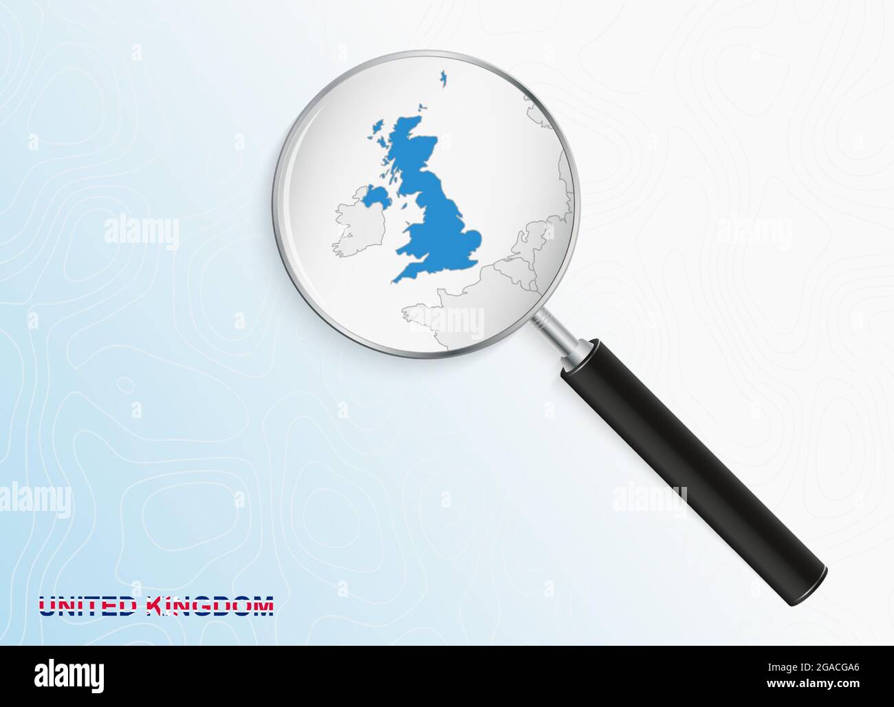 Magnifier with map of United Kingdom on abstract topographic background ...