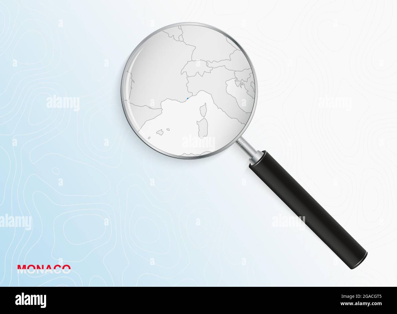 Magnifier with map of Monaco on abstract topographic background. Vector ...