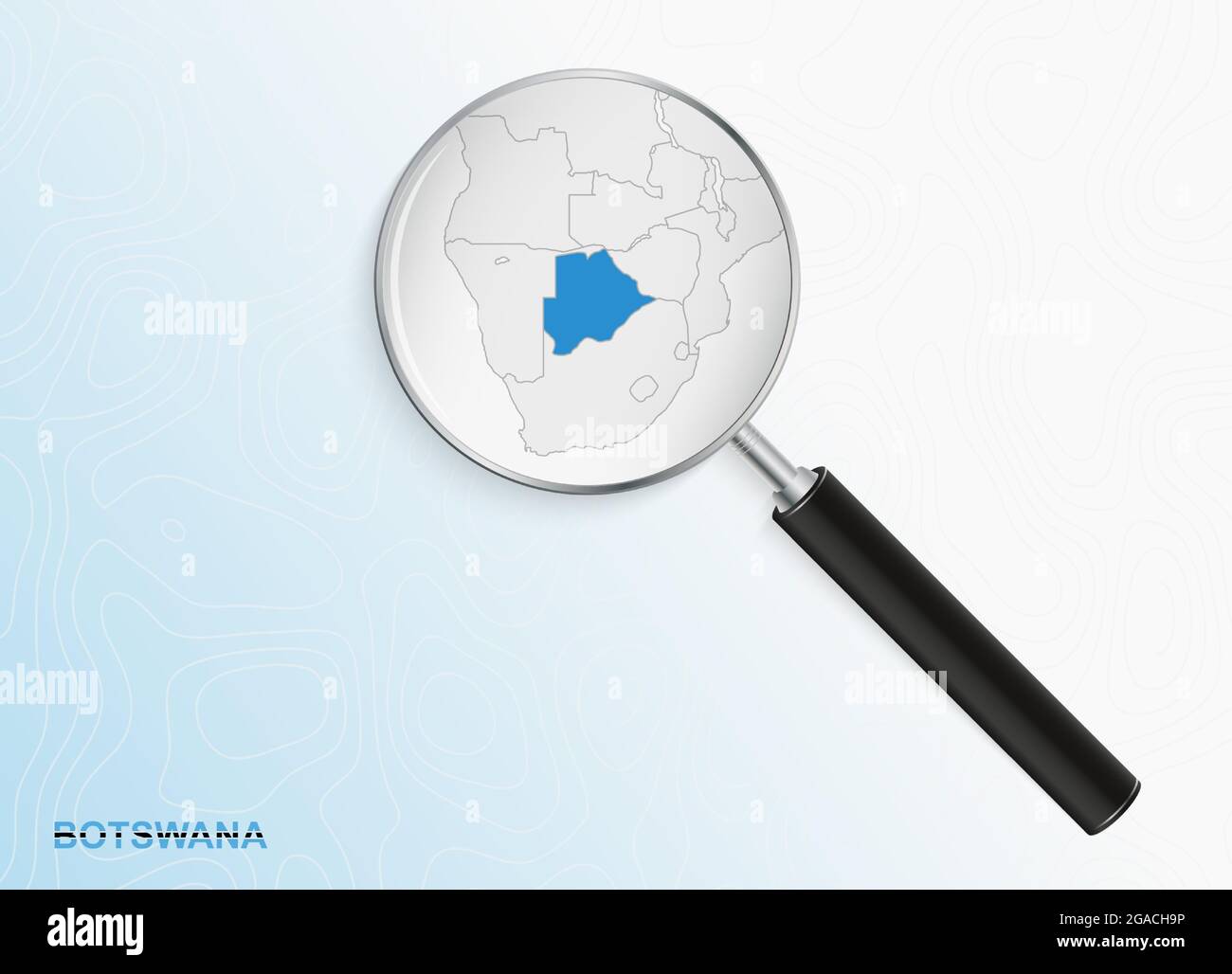 Magnifier with map of Botswana on abstract topographic background ...