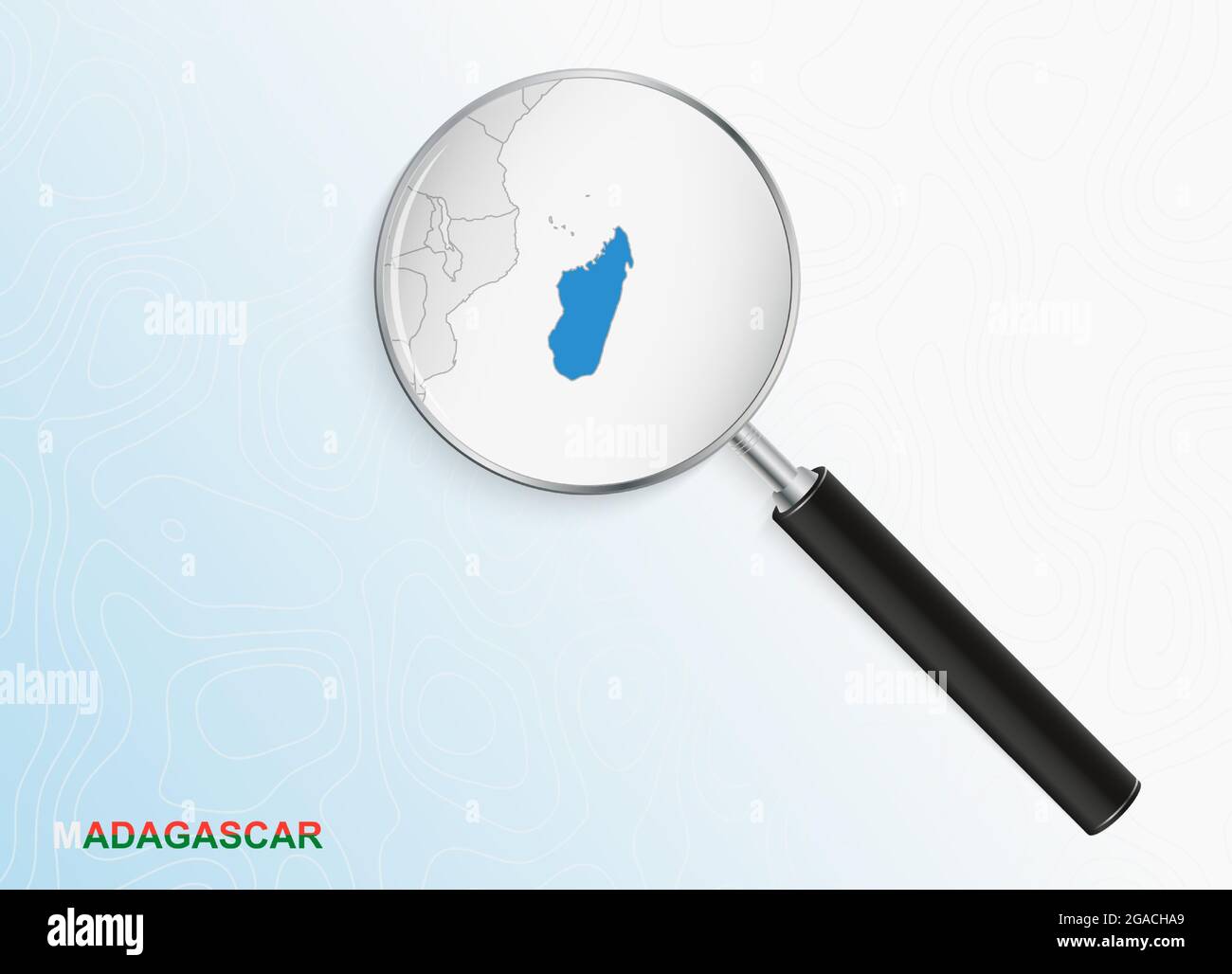 Magnifier with map of Madagascar on abstract topographic background ...