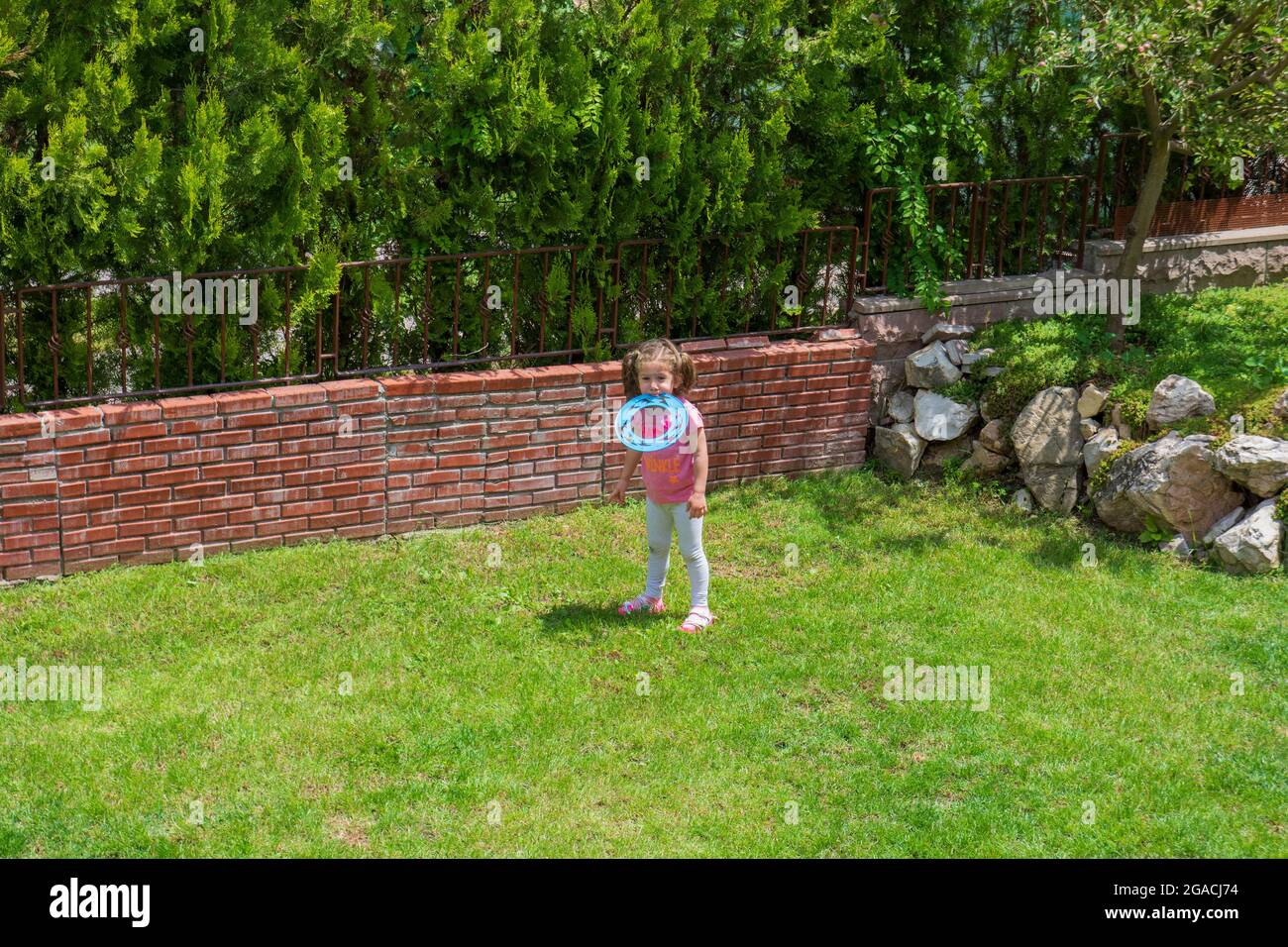 little girl is playing frisbee on the grass in the garden of their ...
