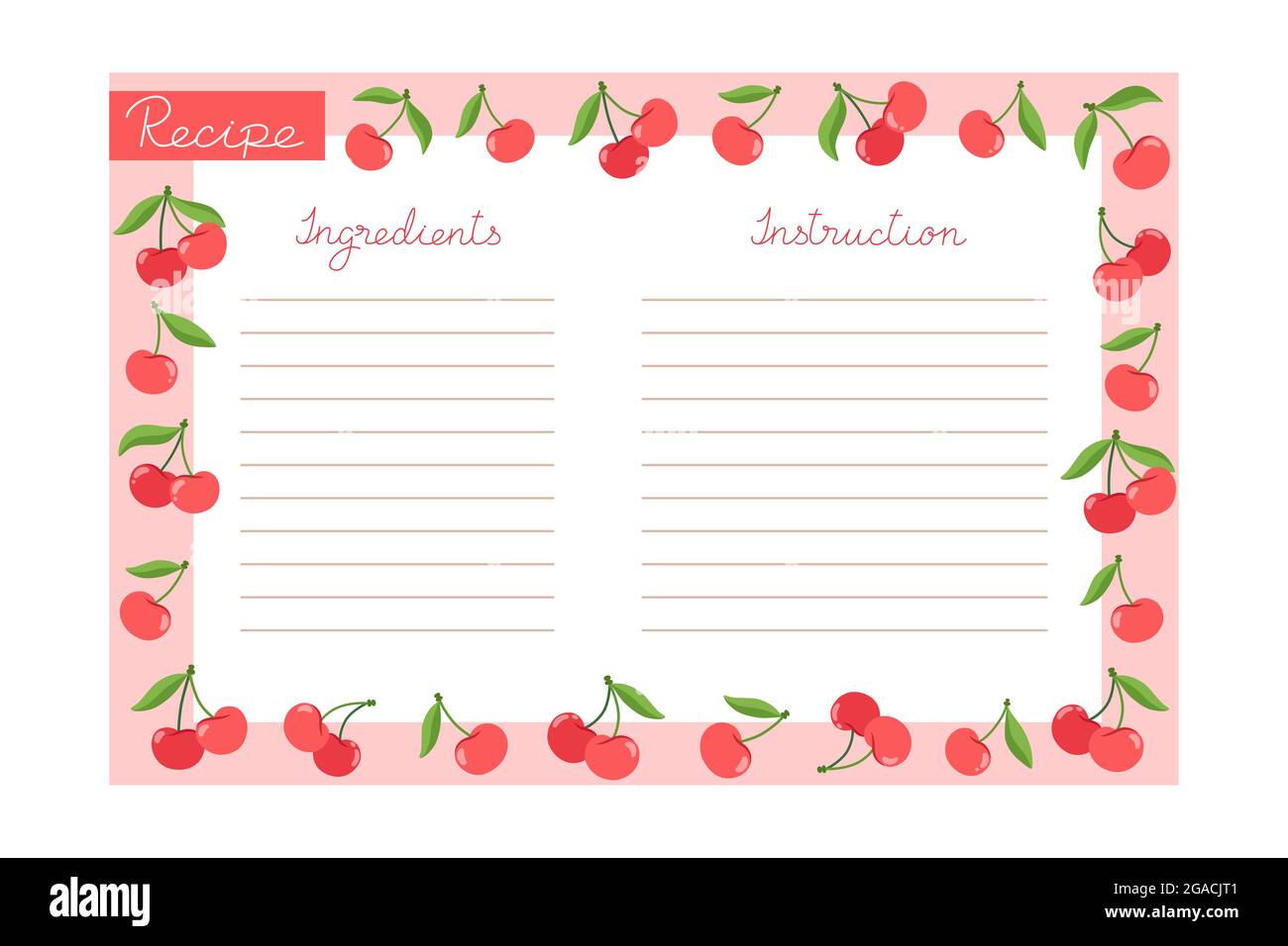 Baking recipe template with cherries, ingredients and instructions ...