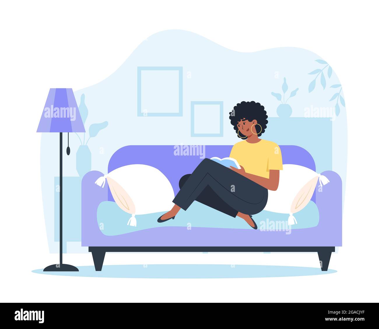 Young woman sitting at home on the sofa and reading a book Stock Vector ...