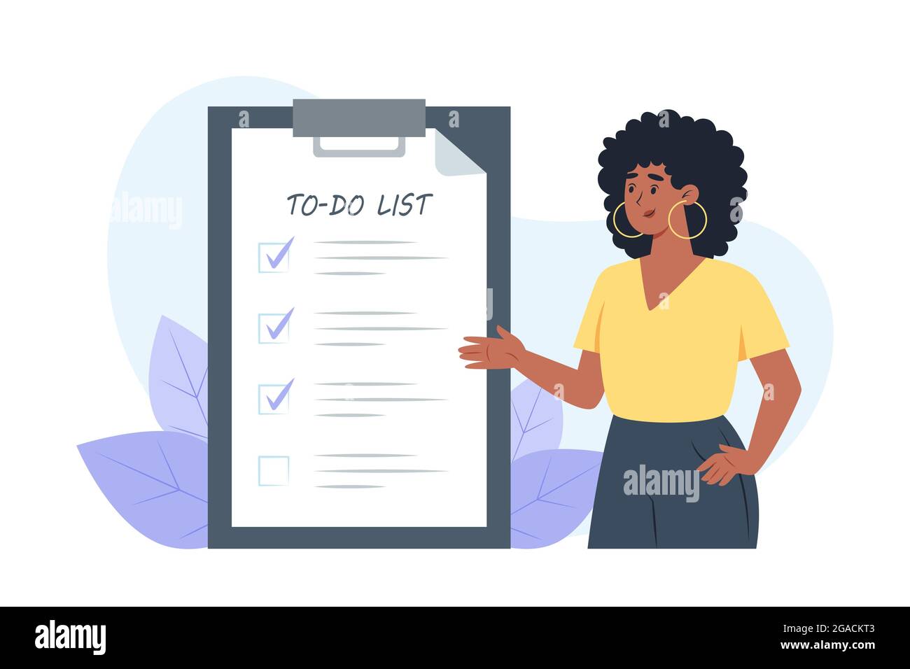To-do list, young woman puts check marks in front of completed tasks ...