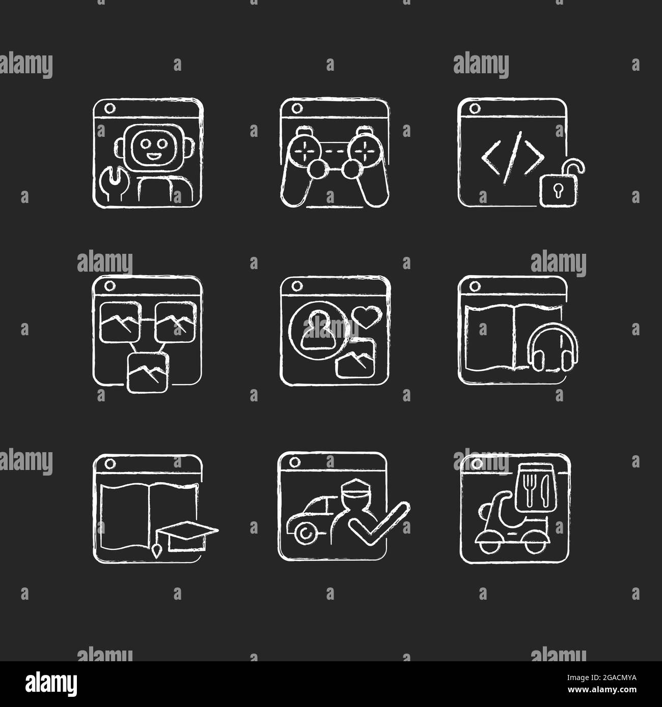 Public-facing internet applications chalk white icons set on dark background Stock Vector Image ...