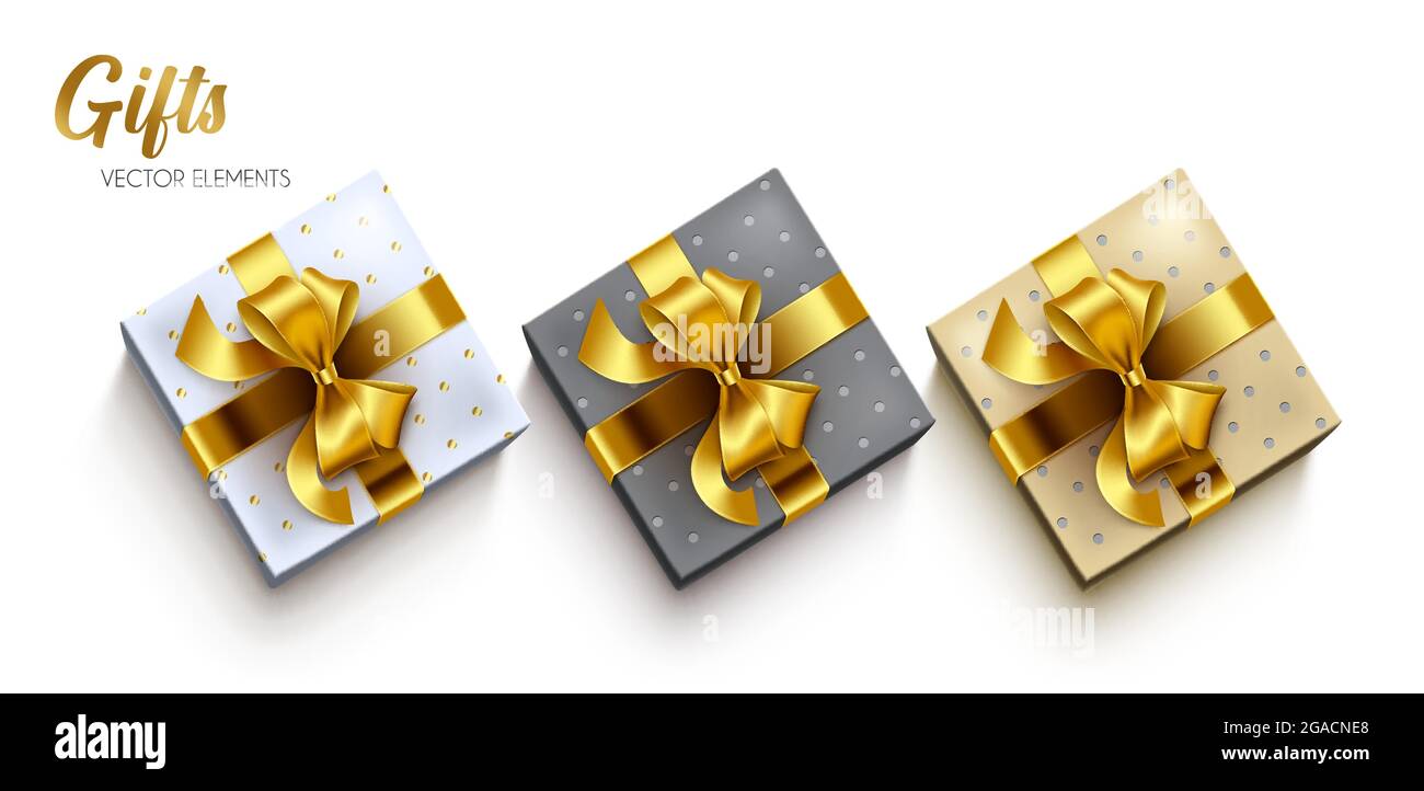 Gift boxes elements vector set. Gifts box with gold elegant ribbon ...