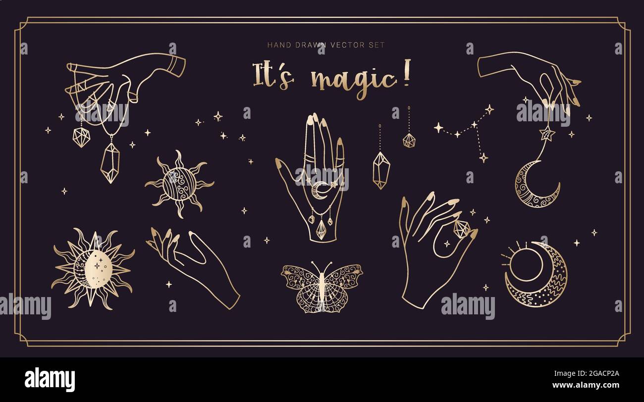 Set of magic hands with crystals and celestial symbols, trendy doodle ...