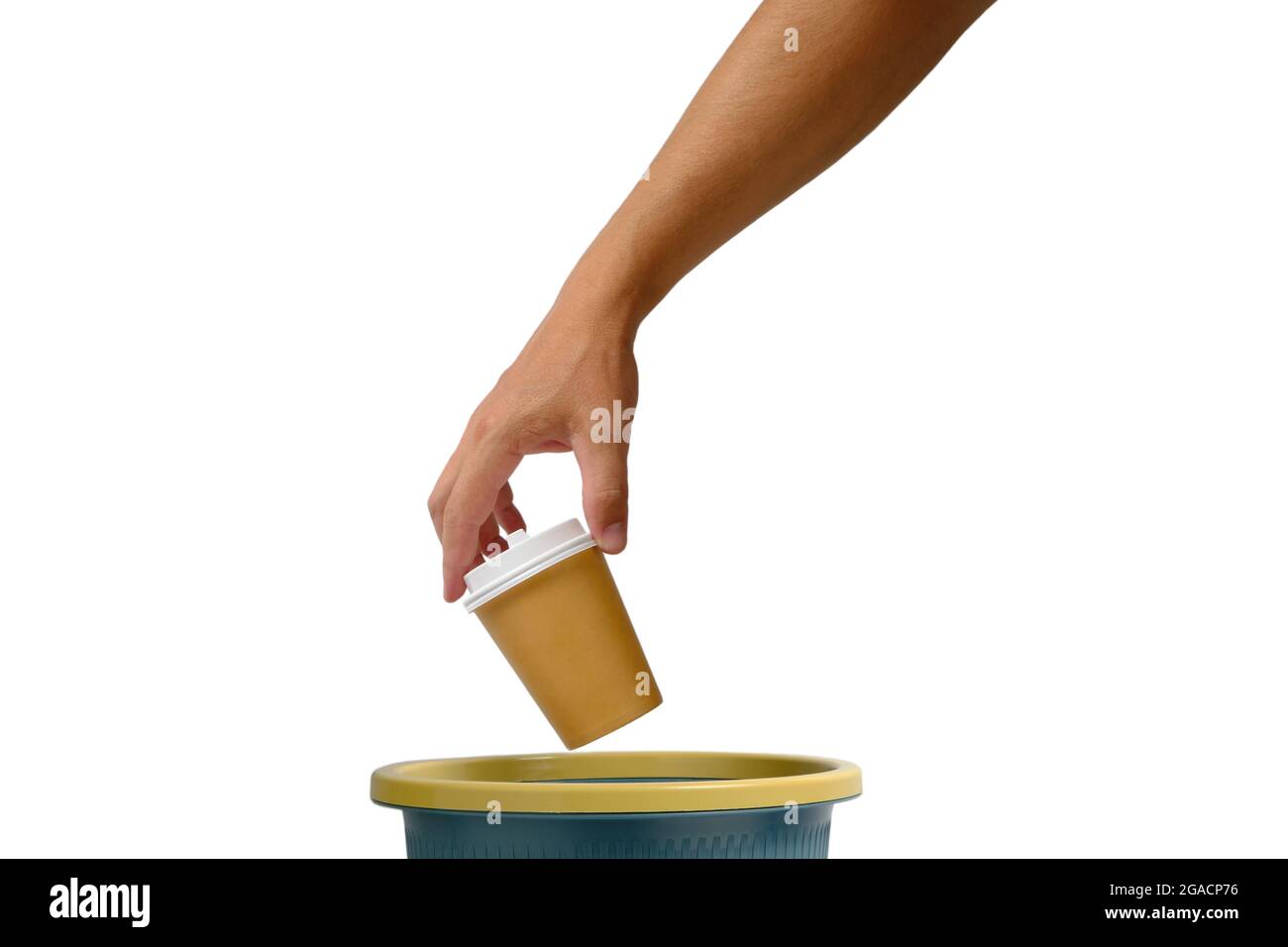 Hand on white background throws disposable cup of takeaway coffee into ...