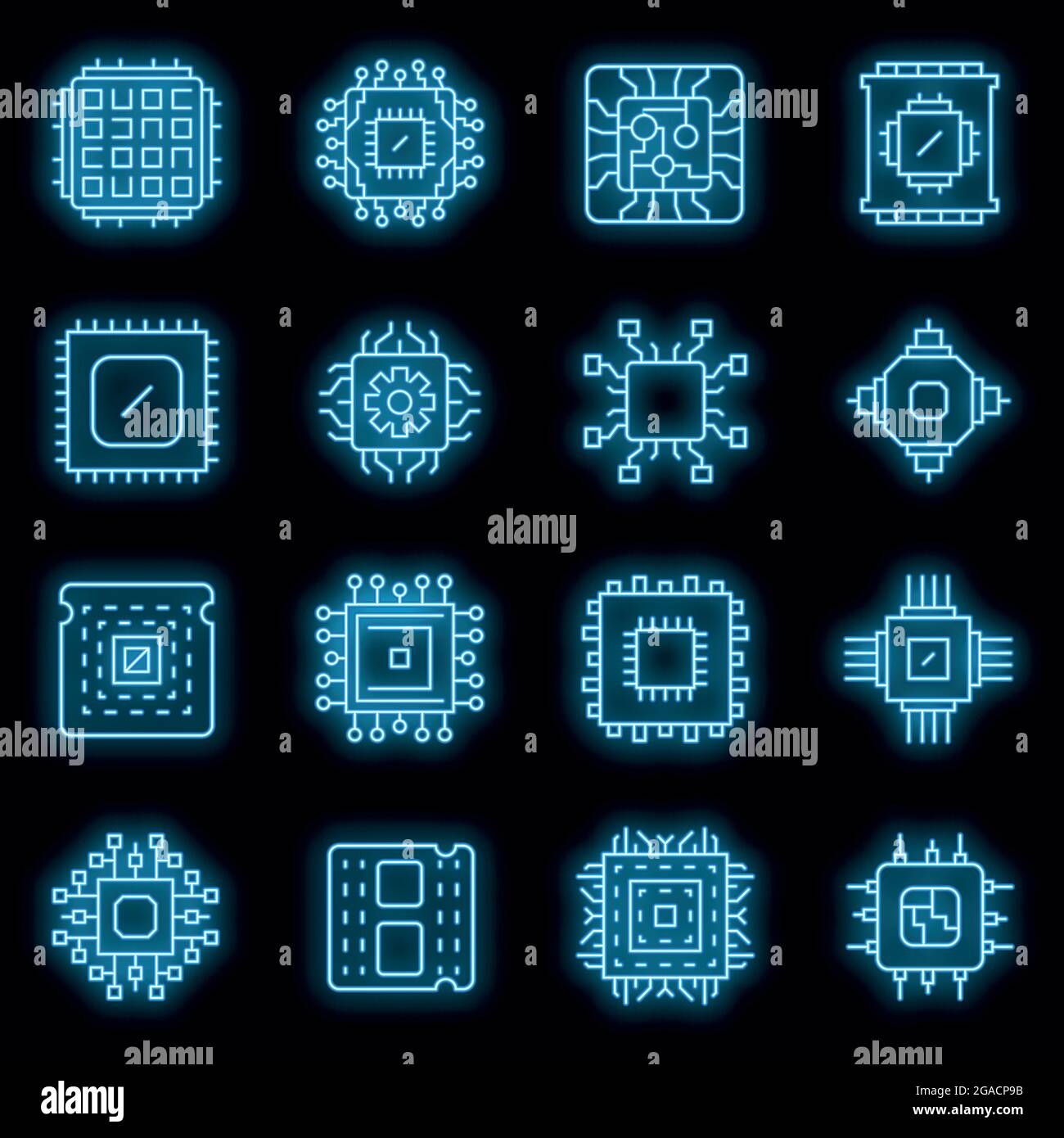 Processor icons set. Outline set of processor vector icons neon color ...