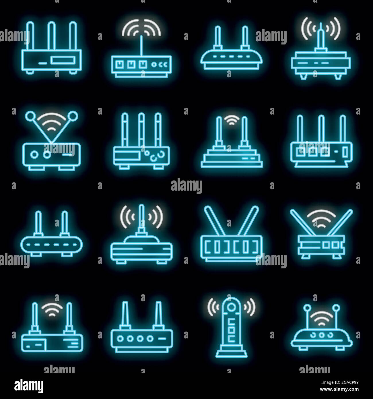 Modem icons set. Outline set of modem vector icons neon color on black ...